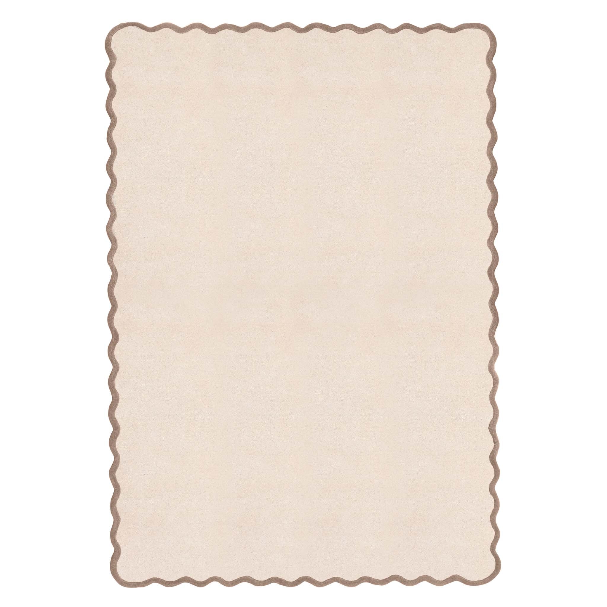 Scalloped Elsie Natural and Brown Rug | Wavy Border Wool Cut Rug | Hug Rug
